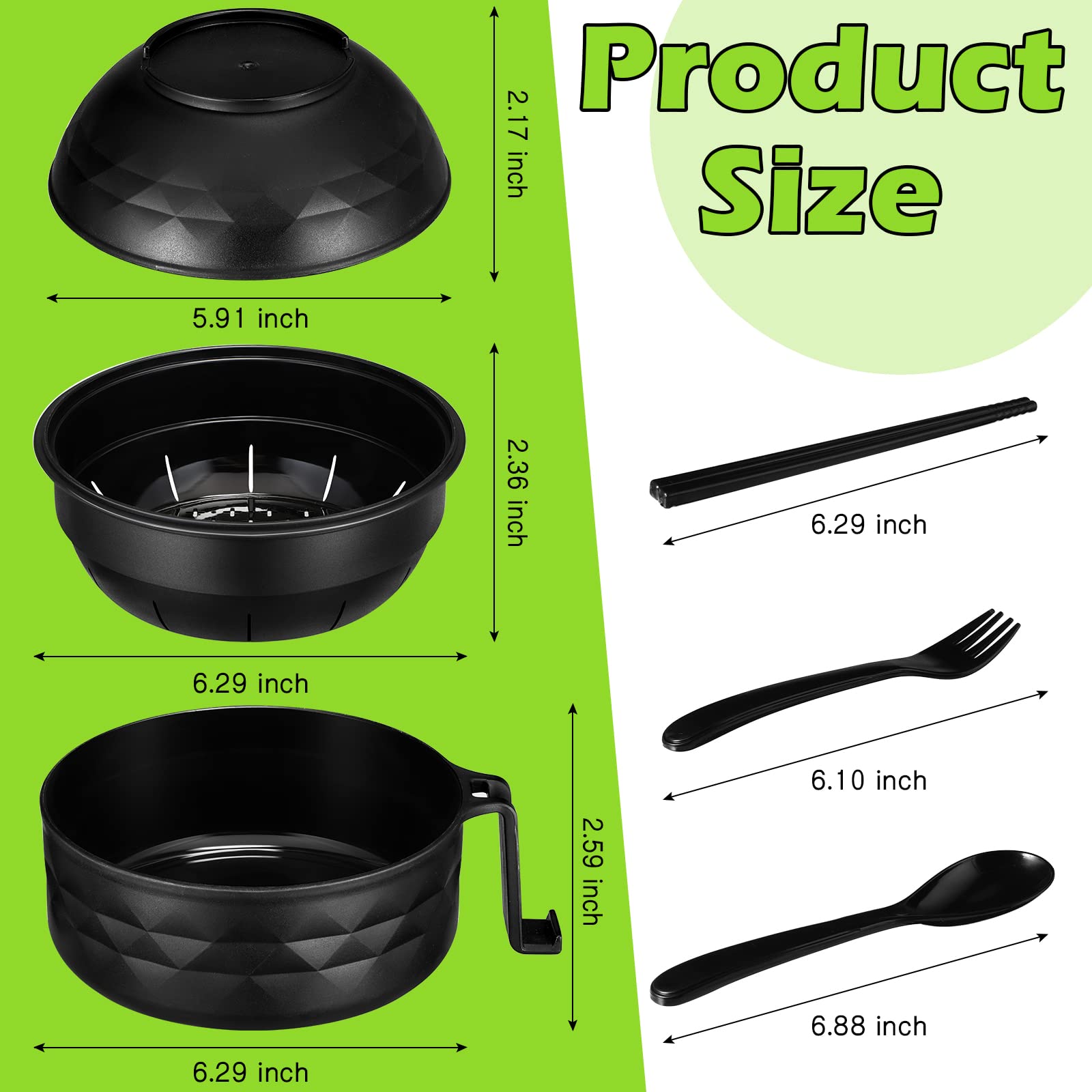 Zubebe 2 Sets Microwave Ramen Bowl Set with Handle Lid Ramen Cooker Ramen Noodle Bowl with Chopsticks Spoon Fork College Dorm Room Apartment Essentials, Dishwasher Safe, BPA Free (Black)