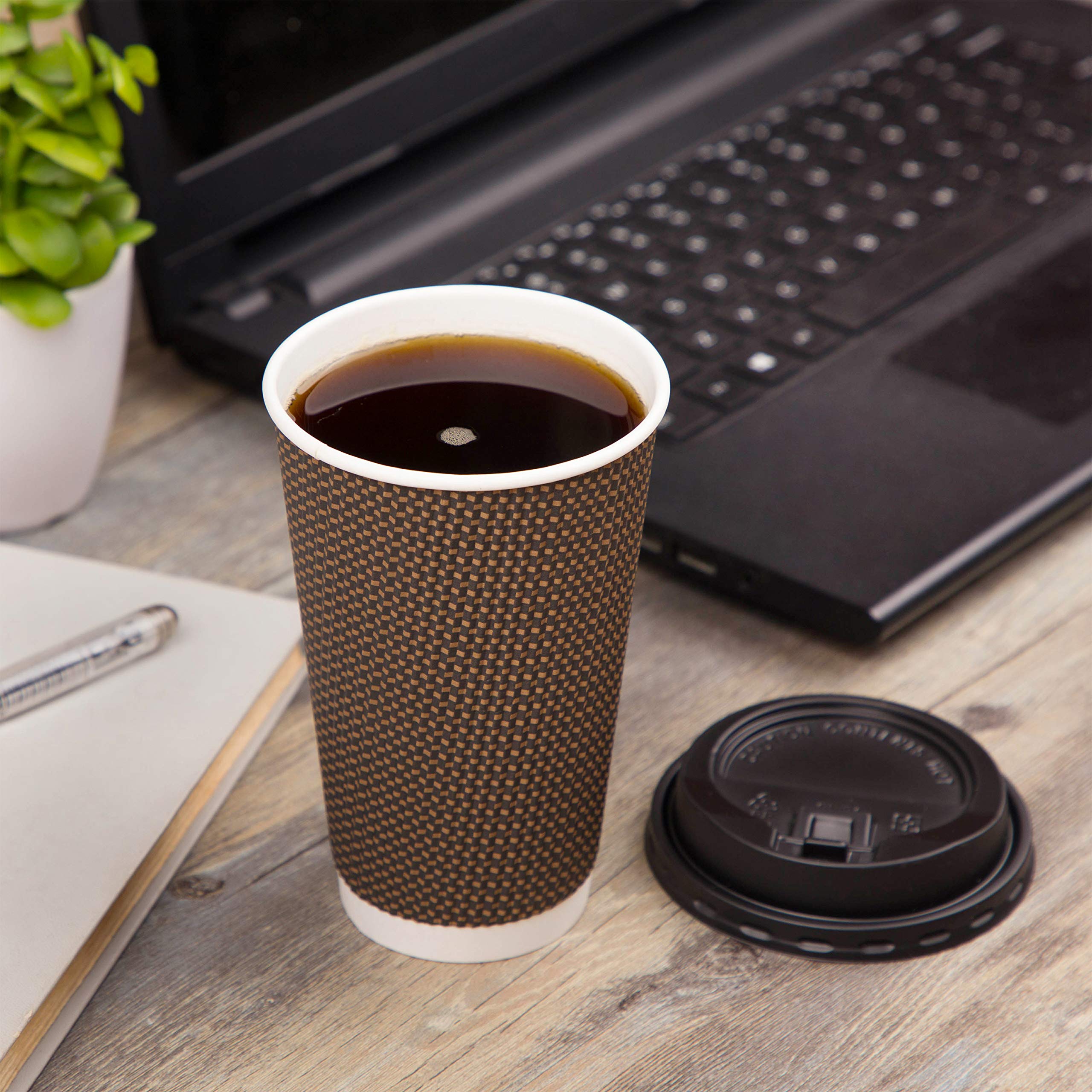 Promora Brown Disposable Coffee Cups With Lids 16 oz, Premium Insulated Paper Ripple Cups for Hot Coffee, Paper Cups 16 oz Coffee Cups 16 oz, Hot Cups With Lids 16 oz, Paper Coffee Cups (80 Pack)