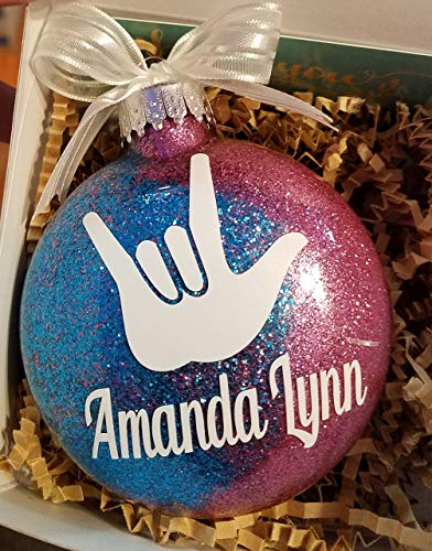 Personalized ASL Christmas Ornament - I love you sign American Sign Language for Deaf or Interpreter - Great gift for her or white elephant gift exchange