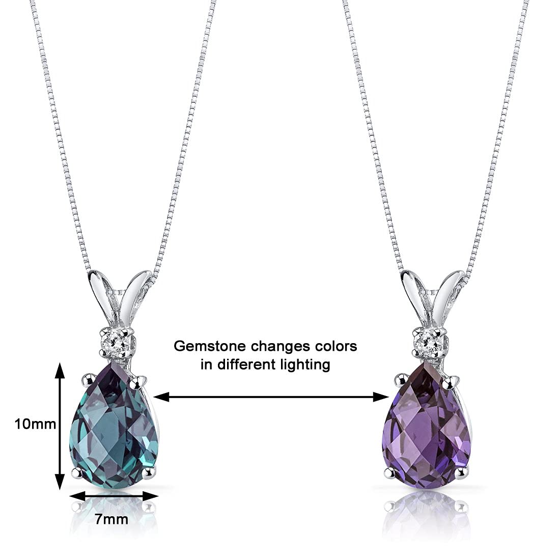 PEORA 14K White Gold Created Alexandrite with Genuine Diamond Pendant for Women, Color-Changing Teardrop Solitaire, 2.55 Carats Pear Shape 10x7mm