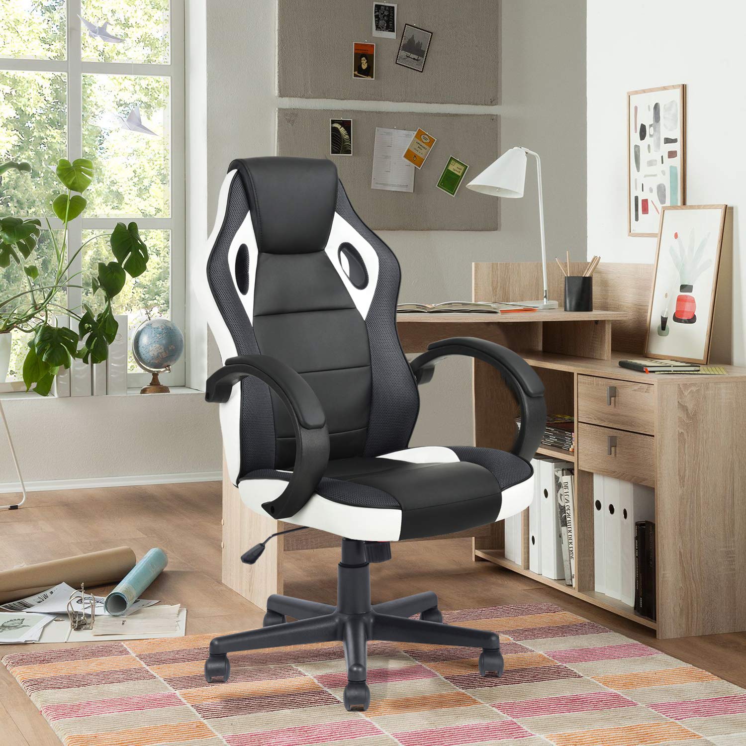 Office Chair, Ergonomic Computer Gaming Chair PU Leather Comfortable Swivel Task Home Office Executive Desk Chair High Back with Padded Armrests, Black/White