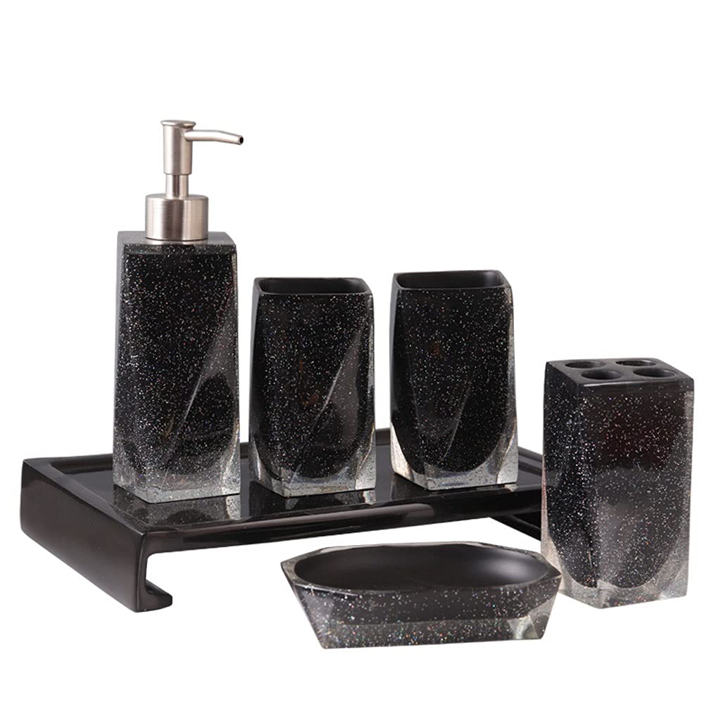 Soap Dispenser 6pcs Accessories Resin Set Includes Hand Soap Dispenser Toothbrush Holder Tumbler Soap Dish and Tray Starry Sky Pattern Modern Design,Black Soap Dispenser
