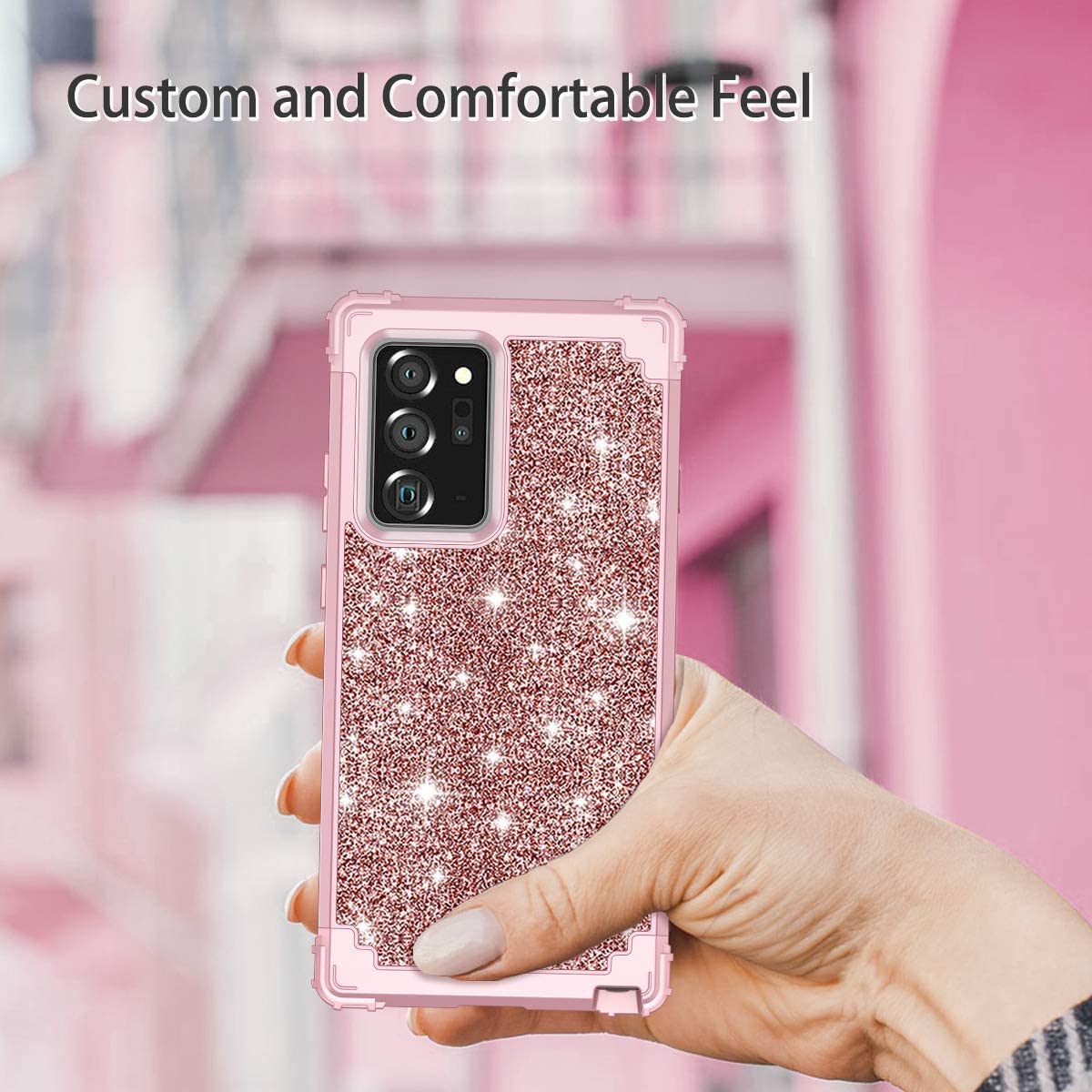 Pandawell for Galaxy Note 20 Ultra Case Glitter Sparkly Bling Heavy Duty Hybrid Sturdy High Impact Shockproof Protective Cover Case for Samsung Galaxy Note 20 Ultra 5G 6.9 inch, Shiny Rose Gold