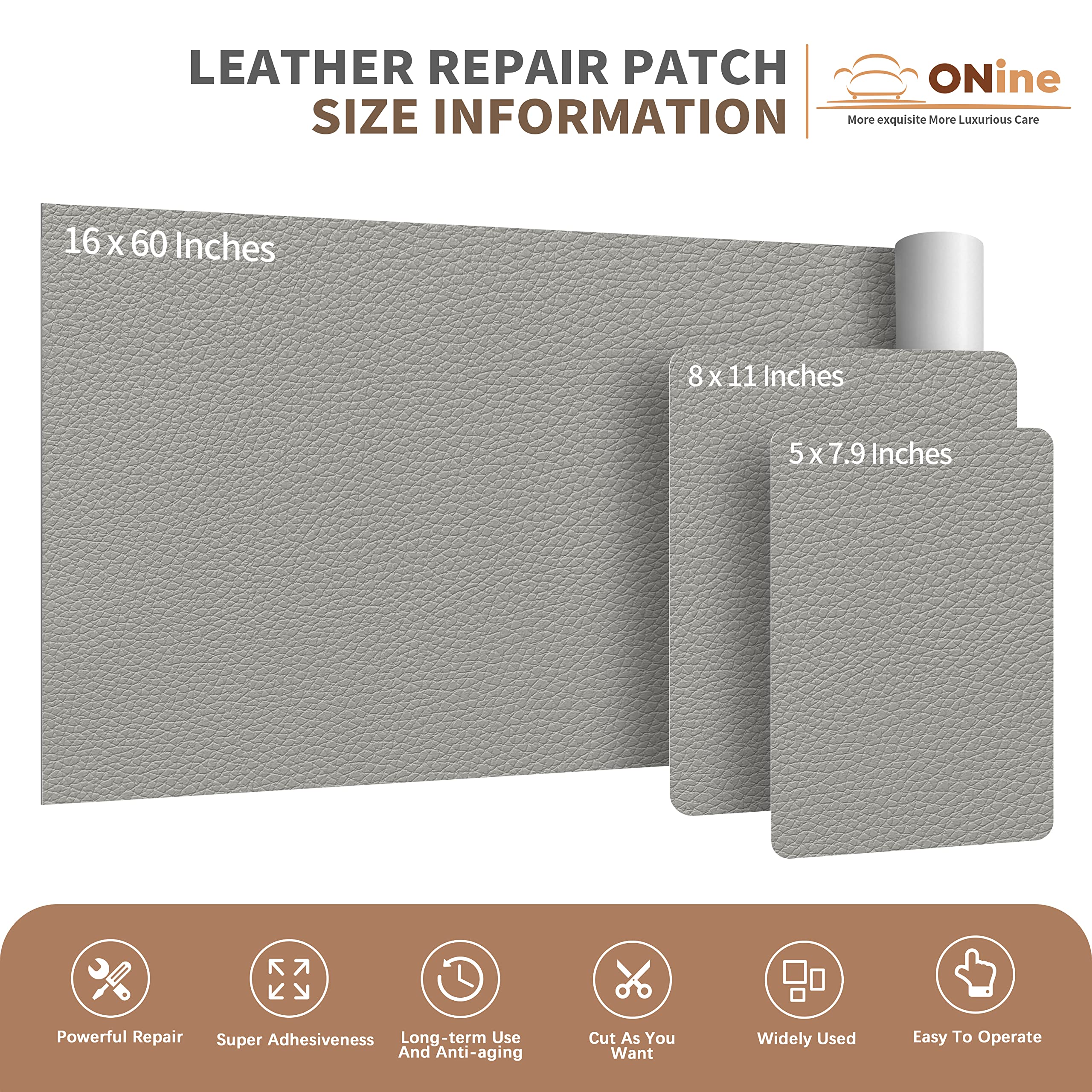 ONine Leather Repair Patch,Self-Adhesive Couch Patch,Available Anti Scratch Leather 5”X7.9”(12.7cm x 20cm) Peel and Stick for Sofas, Car Seats Hand Bags Jackets(Light Gray)