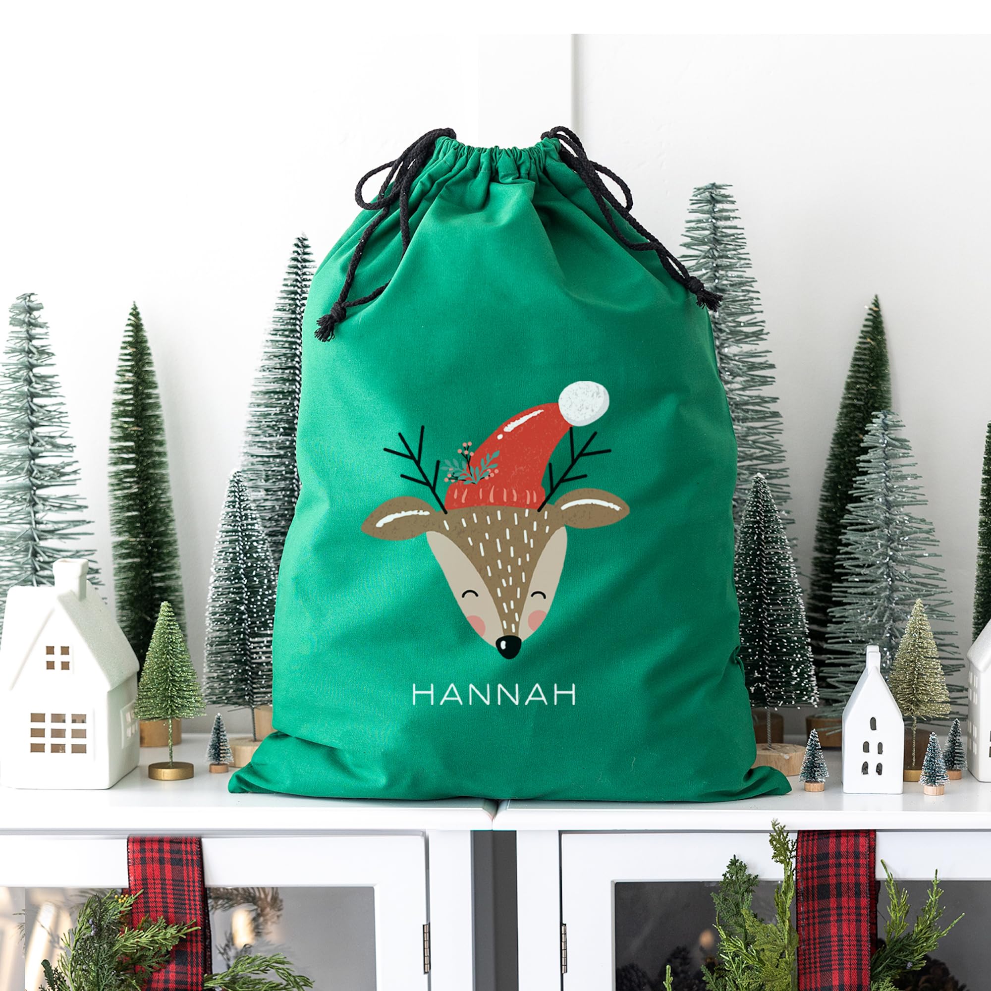 Qualtry Personalized Santa Sack Christmas Bag for Kids Presents (Reindeer Design, Green 19.5" x 26") - Large Cotton Sack with Drawstring - Giant Toy Bag with Name