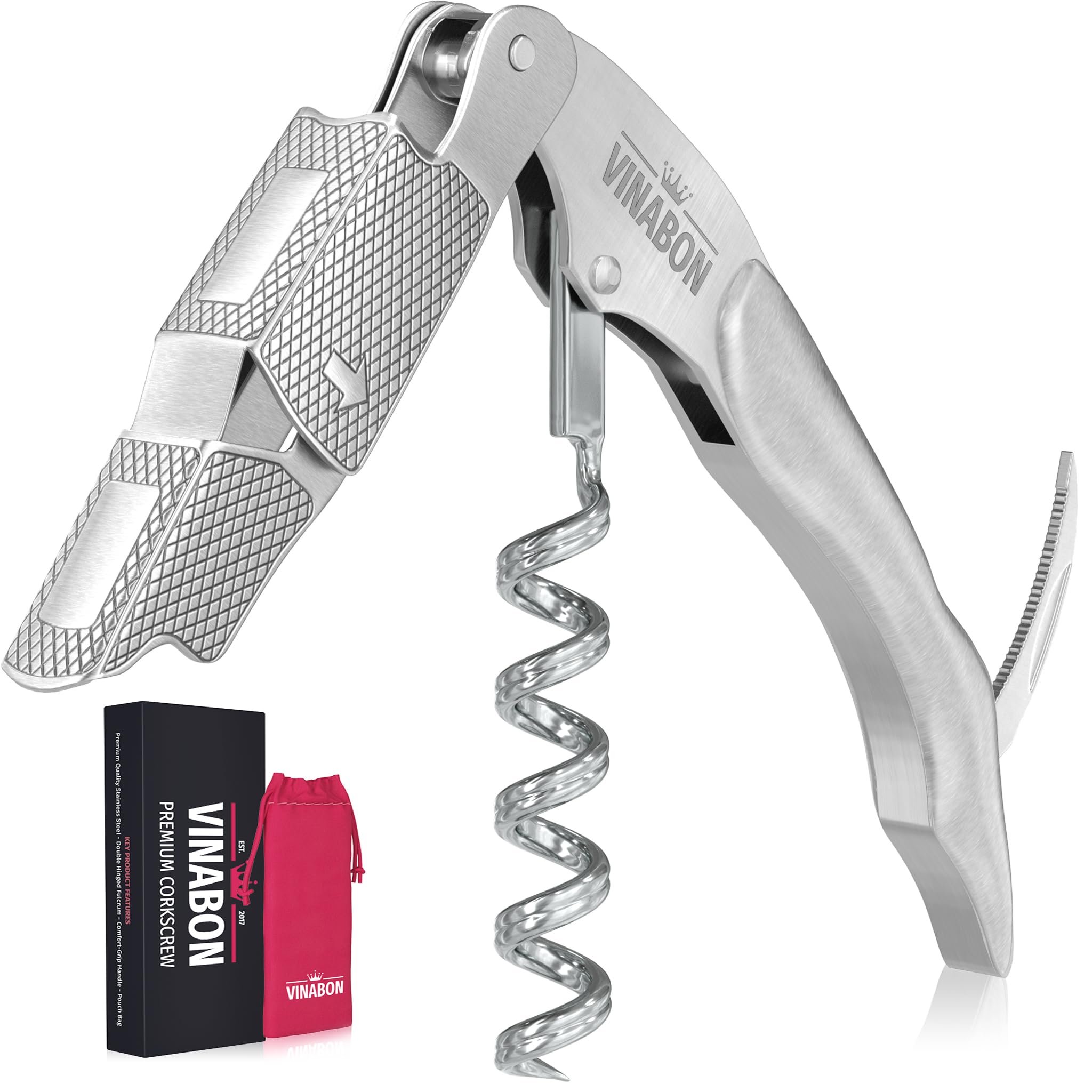 VINABON Waiters Corkscrew Wine Opener - Professional Quality 3-in-1 Stainless Steel Wine Key with Beer Opener for Servers and Bartenders - Manual Simple Wine Bottle Opener. Includes WineGuide Ebook