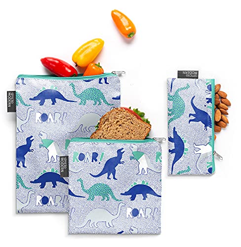 Simple Modern Reusable Snack Bags for Kids, Boys | Food Safe, BPA Free, Phthalate Free, Polyester Zip Pouches | Washable & Refillable Sandwich Bag | Ellie Collection | 3 pack | Dinosaur Roar