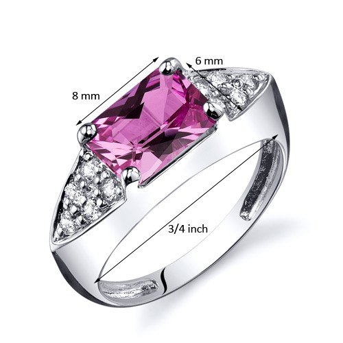 PEORA Created Pink Sapphire Statement Ring in Sterling Silver, Elegant Linear Design, Radiant Cut, 8x6mm, 2 Carats total, Comfort Fit, Size 9