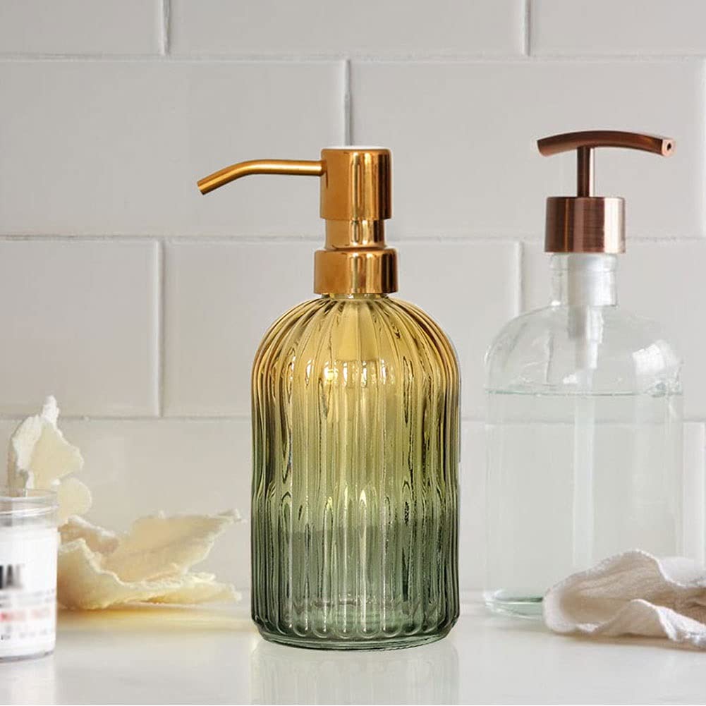 Soap Pump Dispenser Hand Soap Dispenser Clear Glass Soap Dispenser Stainless Steel Gold Pump Refillable Liquid Soap Dispensers for Bathroom Kitchen Hotel Lotions Bottles Dispenser