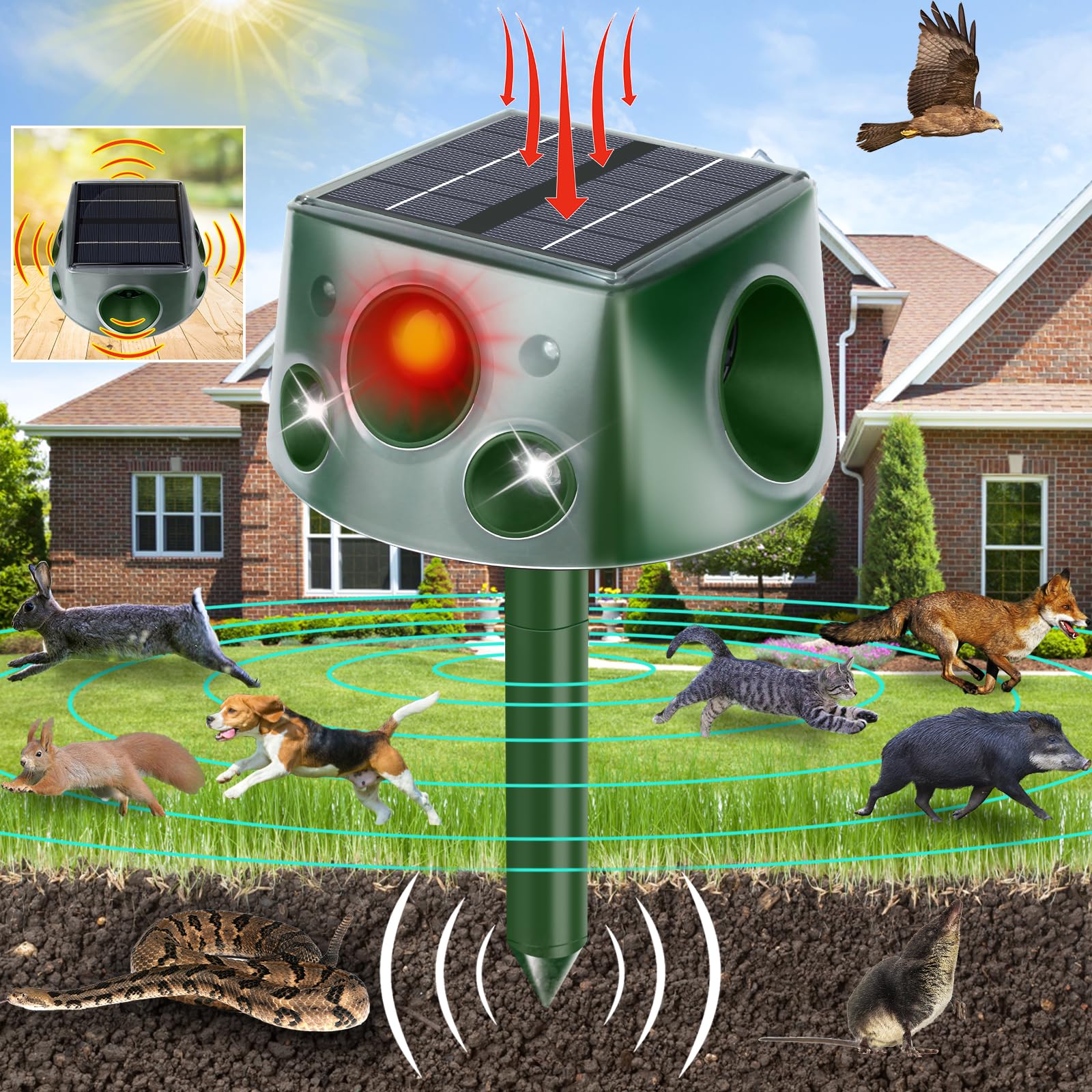 Solar Ultrasonic Animal Repeller,Newest 360° Cat Repellent Outdoor,Squirrel Repellent with 7 Modes & Flashing Light & Ultrasonic Speaker & IP66,Repels Cat Squirrel Bird Dog Deer