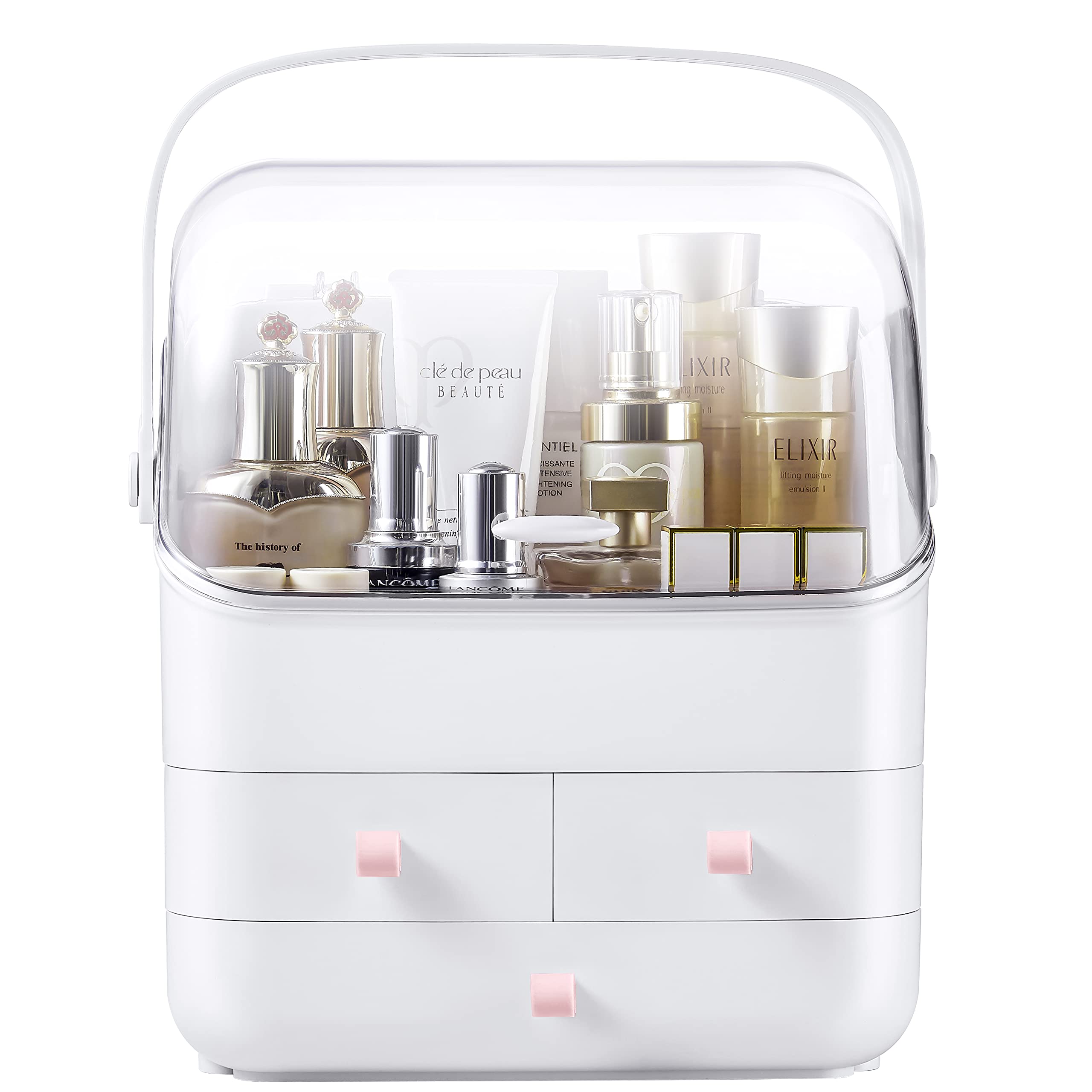SUNFICON Makeup Organizer Holder Cosmetic Storage Box with Dust Free Cover Portable Handle,Fully Open Waterproof Lid, Dust Proof Drawers,Great for Bathroom Countertop Bedroom Dresser White