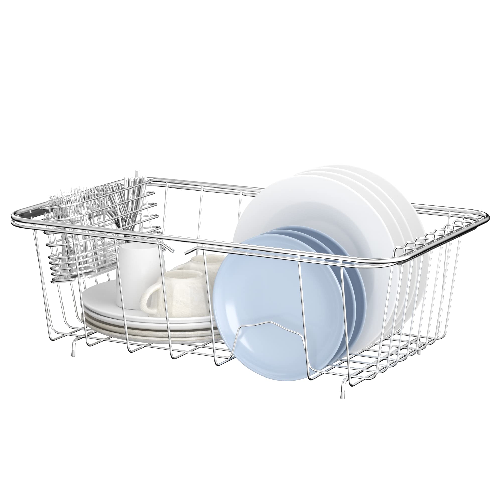 Sink Dish Drying Rack, 304 Stainless Steel Rustproof Expandable Dish Drainer Organizer with Stainless Steel Silverware Holder Over Inside Sink-Adjustable 14.96" to 20.59" （Maximium 11 Upright Dishes ）