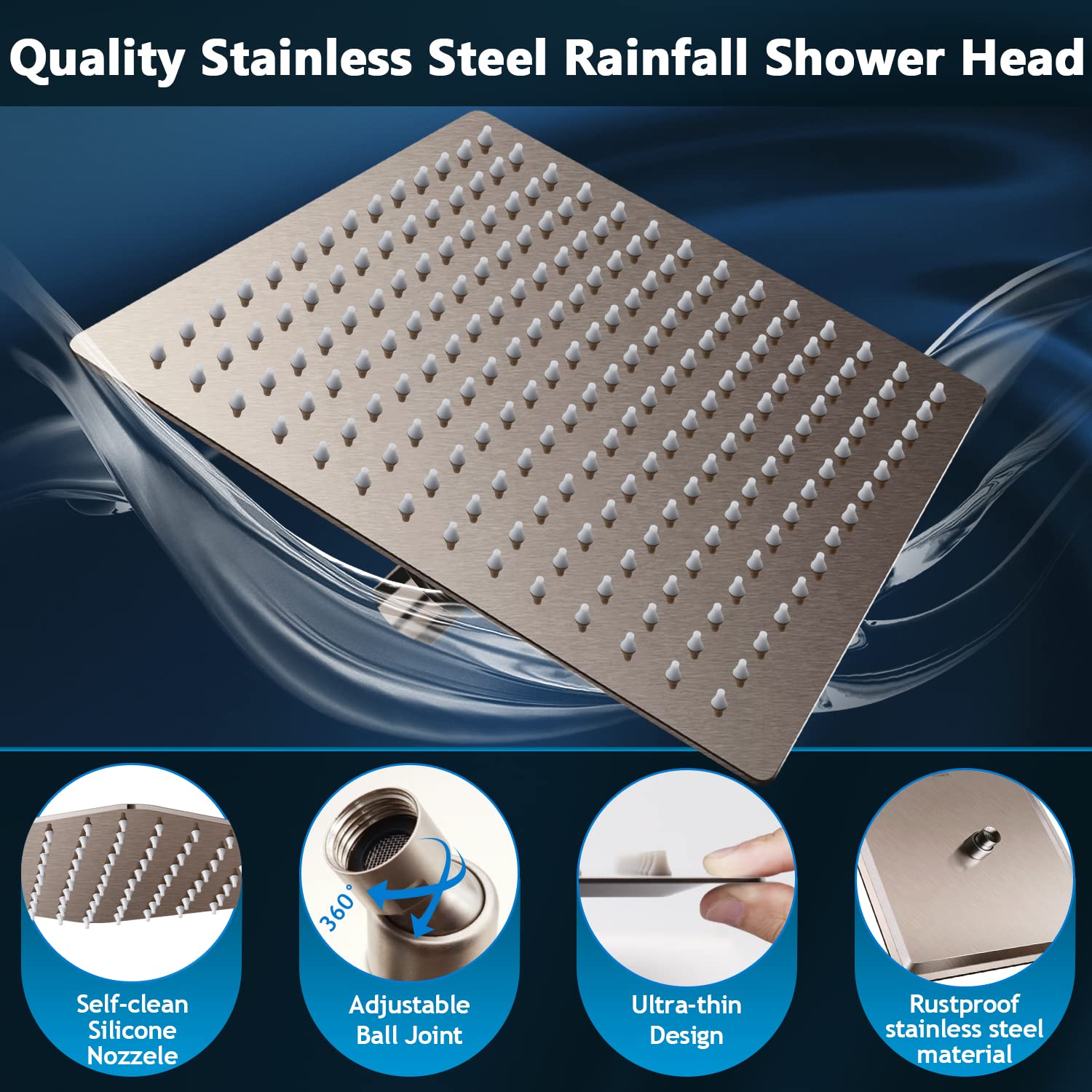 Shower Head Brushed Nickel, Upgraded 12" Rain Shower Head with 12" Flexible Curved Shower Extension Arm and High Pressure 4 Setting Handheld Shower Head Combo, Built-in Power Wash, 60ββ Shower Hose