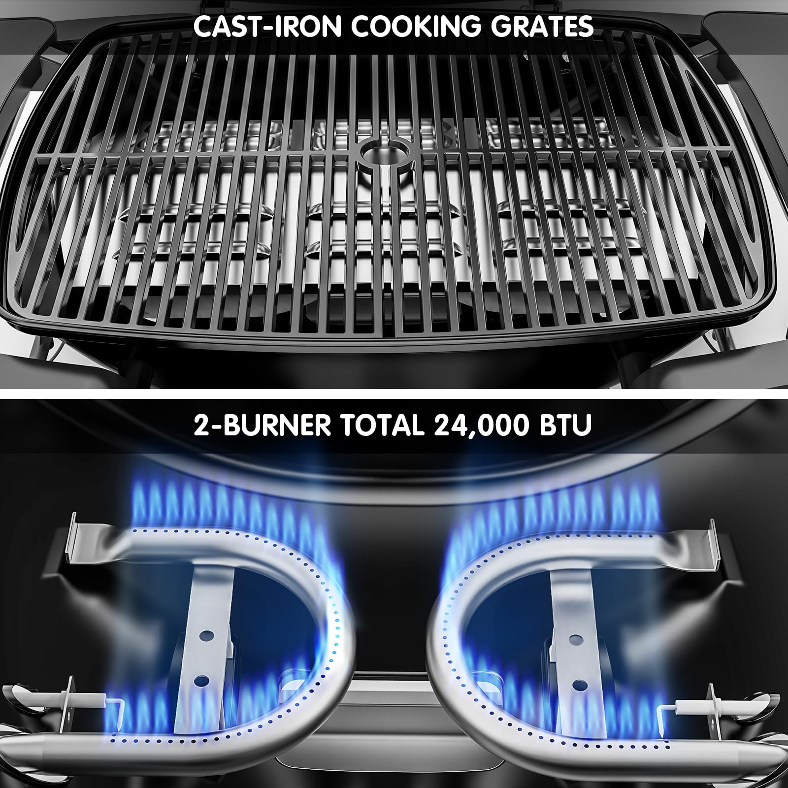 Propane Gas Grill with 2 Burner, Portable Outdoor Tabletop Camping Grill BBQ with Folding Sides, 24000 BTU, Gas Hose, Built in Thermometer, Black