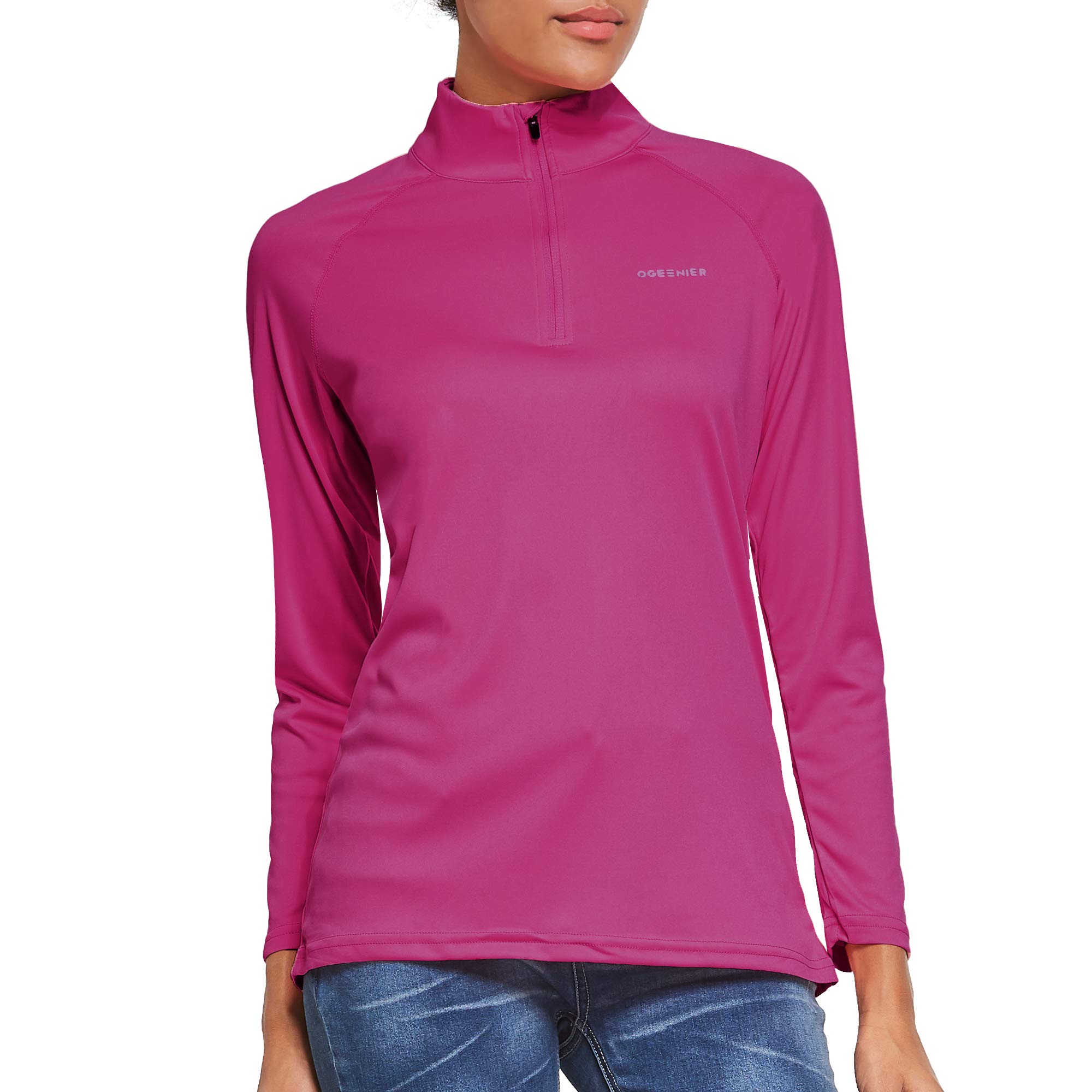 OGEENIER Women's 1/4 Zip Pullover UPF 50+ Sun Protection Shirt Long Sleeve SPF Shirts Hiking Running Golf Shirts, Raspberry, XL