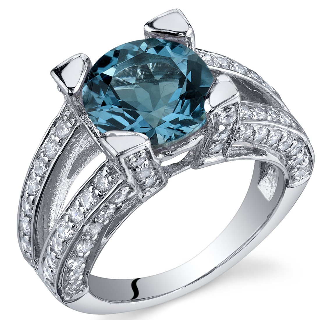 PEORA London Blue Topaz Ring in Sterling Silver, Natural Gemstone, Vintage Antique Design, Round Shape, 9mm, 3.25 Carats total, Comfort Fit, Size 6