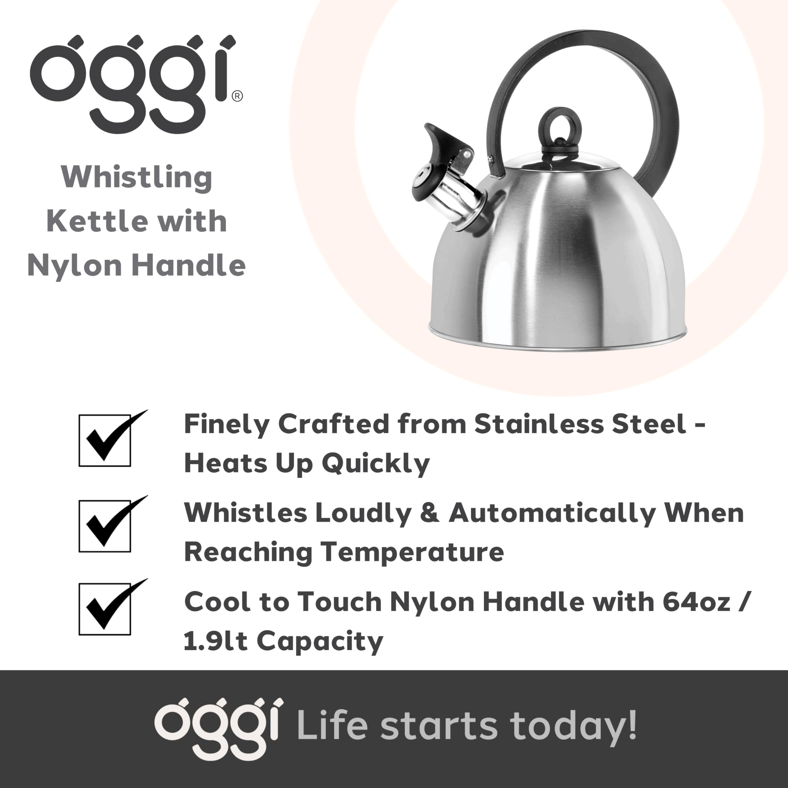 OGGI Tea Kettle for Stove Top - 64oz / 1.9lt, Stainless Steel Kettle with Loud Whistle, Ideal Hot Water Kettle and Water Boiler - Black