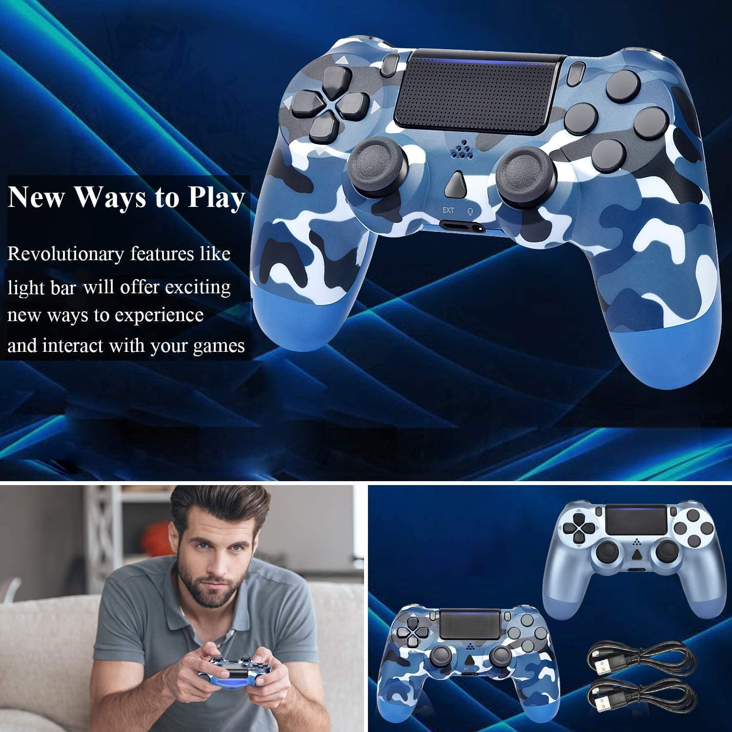 OUBANG 2 Pack Remote for PS4 Controller, Wireless Gamepad Work with Playstation 4 Controllers, Camo Control for PS4 with Joystick, Pa4 Controller for PS4/ Pro/Silm/PC Camouflage Blue and Titanium Blue