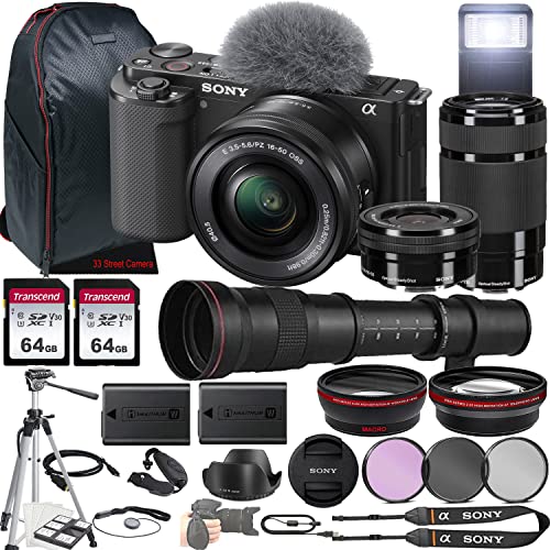 Sony ZV-E10 Mirrorless Camera w/E PZ 16-50mm f/3.5-5.6 OSS Lens + E 55-210mm f/4.5-6.3 OSS Lens + 420-800mm f/8.3 HD Lens + 2X 64GB Memory, Case, Filters, Tripod, More (35pc Bundle)