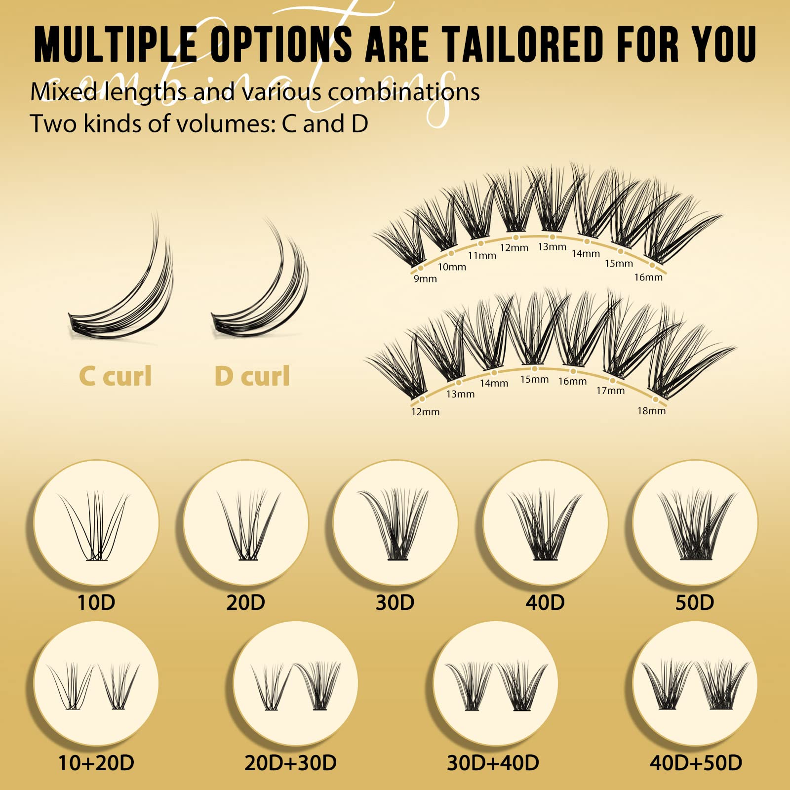 QUEWEL Lash Clusters 320Pcs Cluster Lashes 40D D Curl Lash Clusters Mix9-16mm Individual Eyelashes Clusters Wispy DIY Eyelash Extension Thin Band Soft to Use at Home (40D D Mix9-16)
