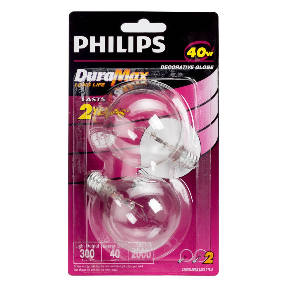 Philips 168468 40-watt G16.5 DuraMax Clear Decorative Candelabra Base Globe Light Bulb, 2-Pack
