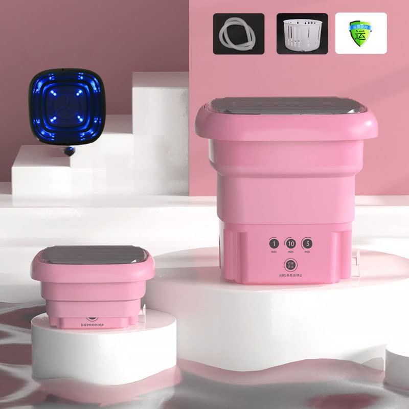 TOPINCN Portable Washing Machine Dryer Comb with Drain Basket Pipe Folding Washing Machine Integrated Mini Underware Washer Blue Ray for Camping RV Travel (Pink)