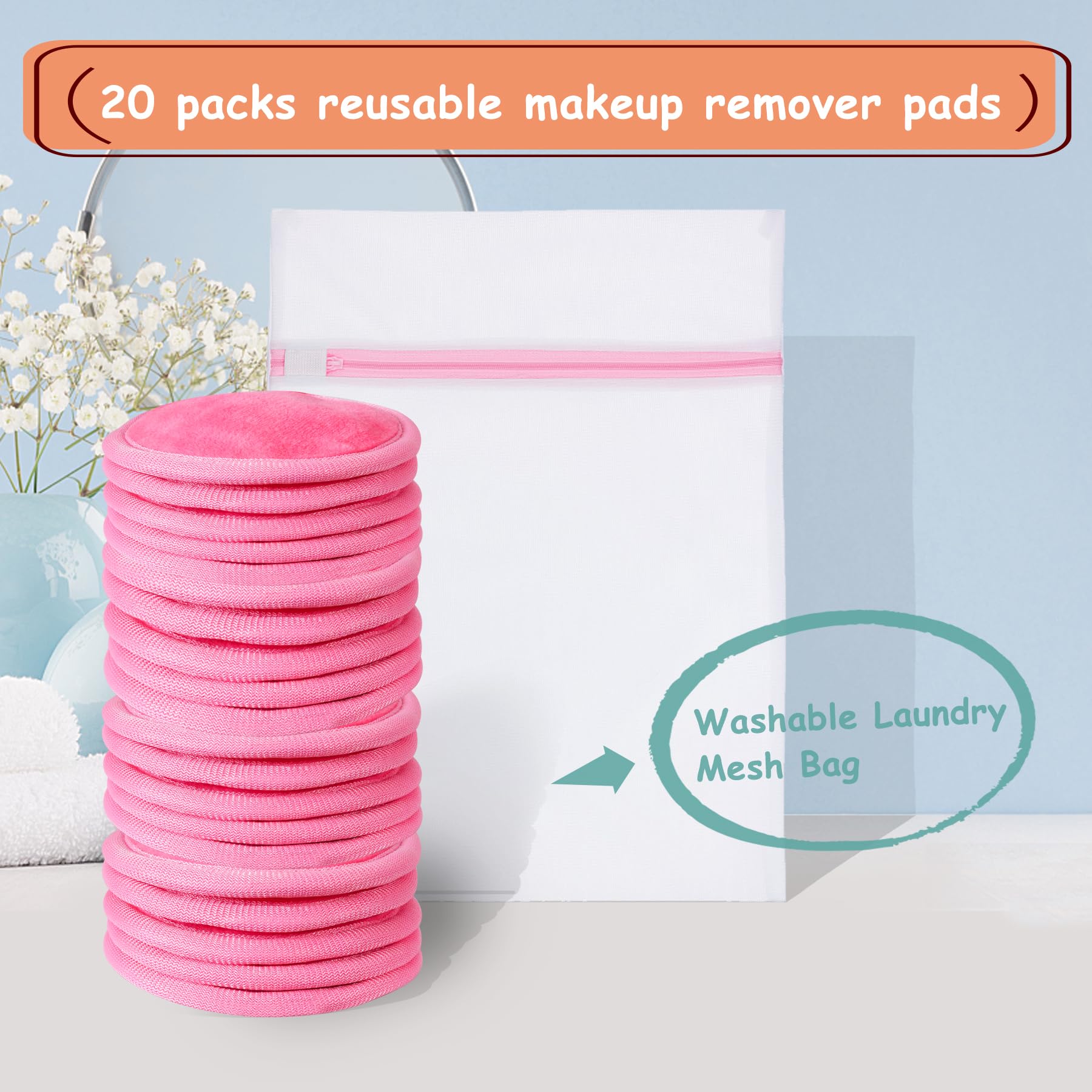 Nugilla 20 Packs Reusable Makeup Remover Pads with a Washable Laundry Bag, Microfiber Towel Clean Skin Face Towels, Soft Makeup Remover Cloth, Fast Drying Washcloth (Pink/White)