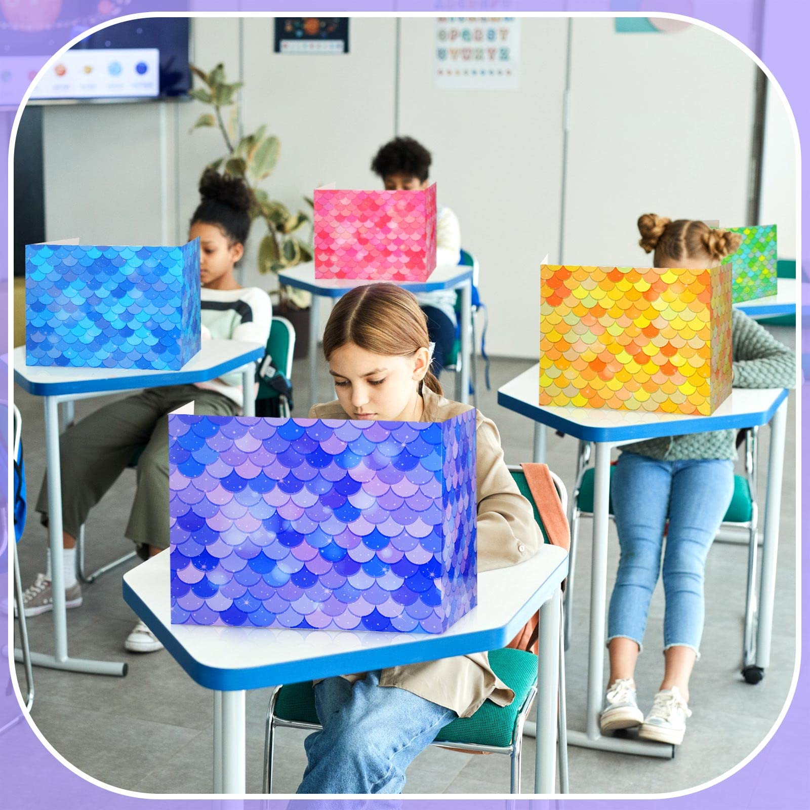 Seajan 50 Pieces Privacy Boards for Student Desk Dividers Privacy Folders Classroom School Privacy Cardboard Board with 50 Pieces Label, Reduce Distractions Keep Eyes from Wandering (Mermaid Style)