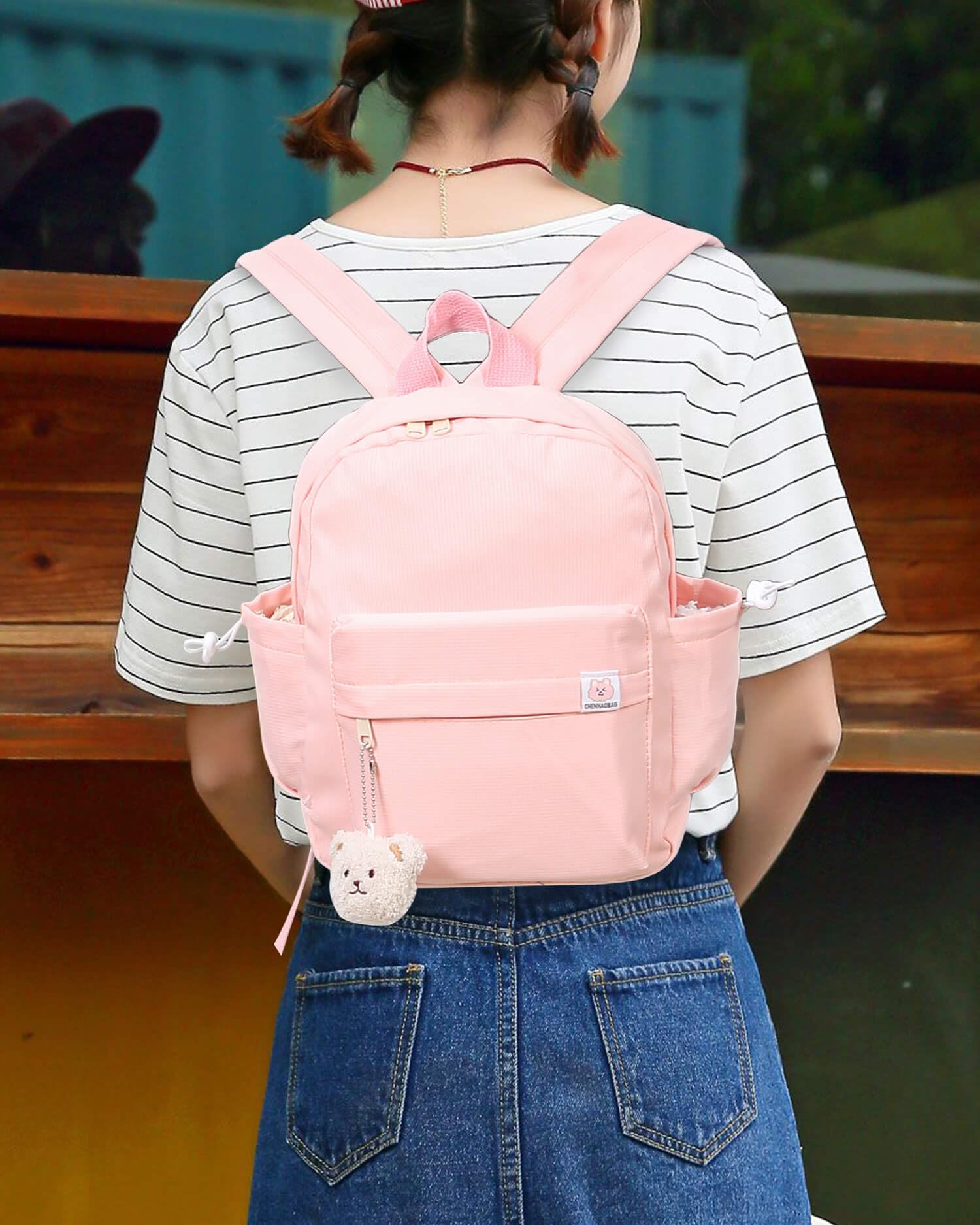 Phaoullzon Girls Mini Backpack Purse for Teens Kids Small Aesthetic Backpacks with Bear Pendant, Pink