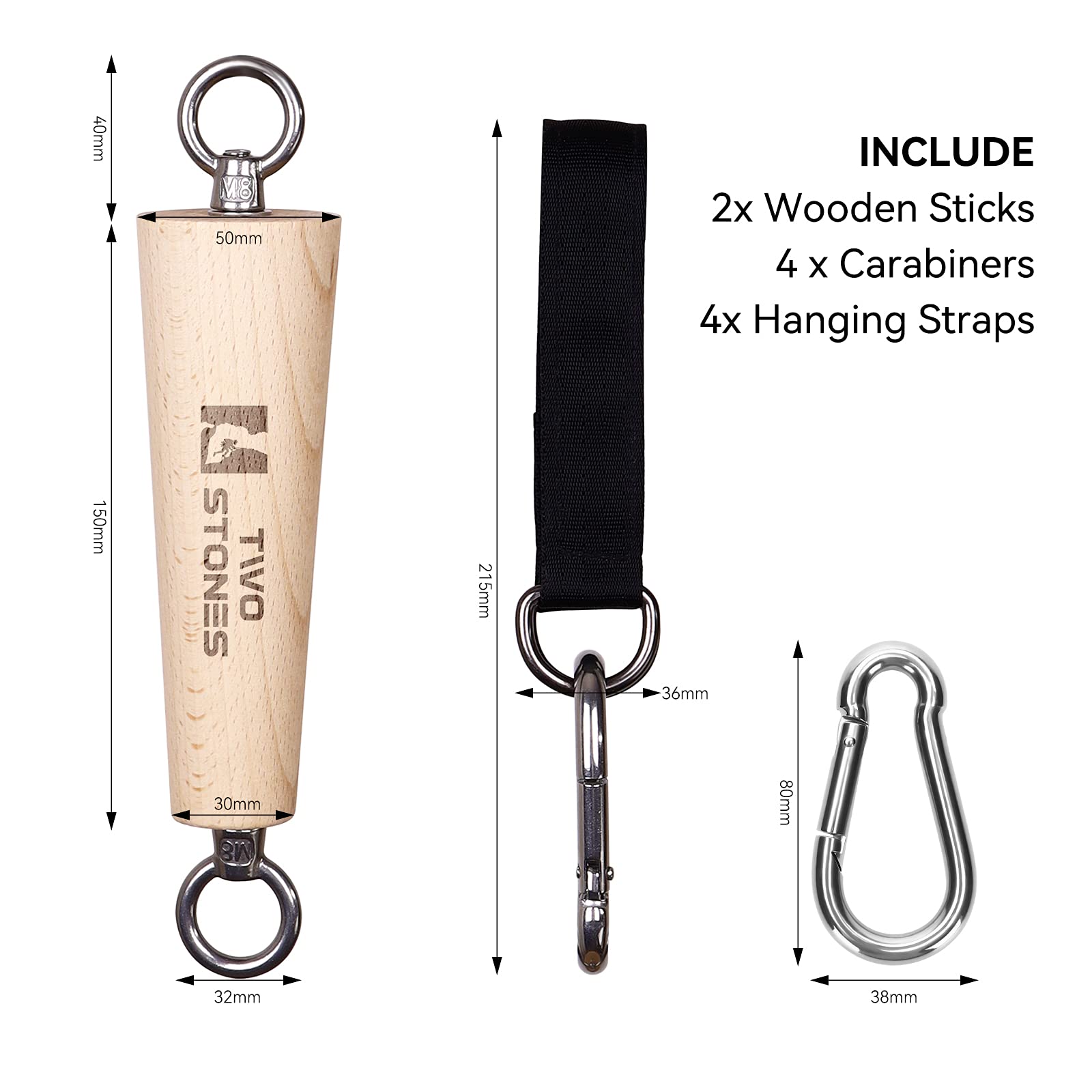 TWO STONES Wooden Pull Up Grips | Wood Climbing Power Grips | Pull Up Climbing Hold Grips | Wooden Hand Grips | Rock Climbing | Bouldering(Dia:3-6cm)