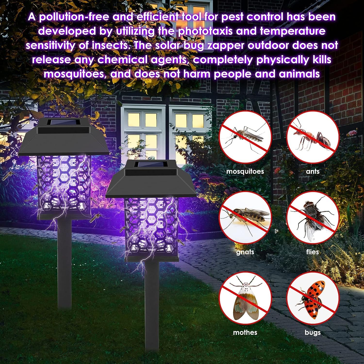 Solar Bug Zapper Intelligent Solar Garden Lights Waterproof Outdoor Mosquito Zapper for Mosquito Fly Bug Gnat Insect - Mosquito Killer & Lighting - 2 in 1 Bug Repellent for Patio Yard Garden, 2 Pack
