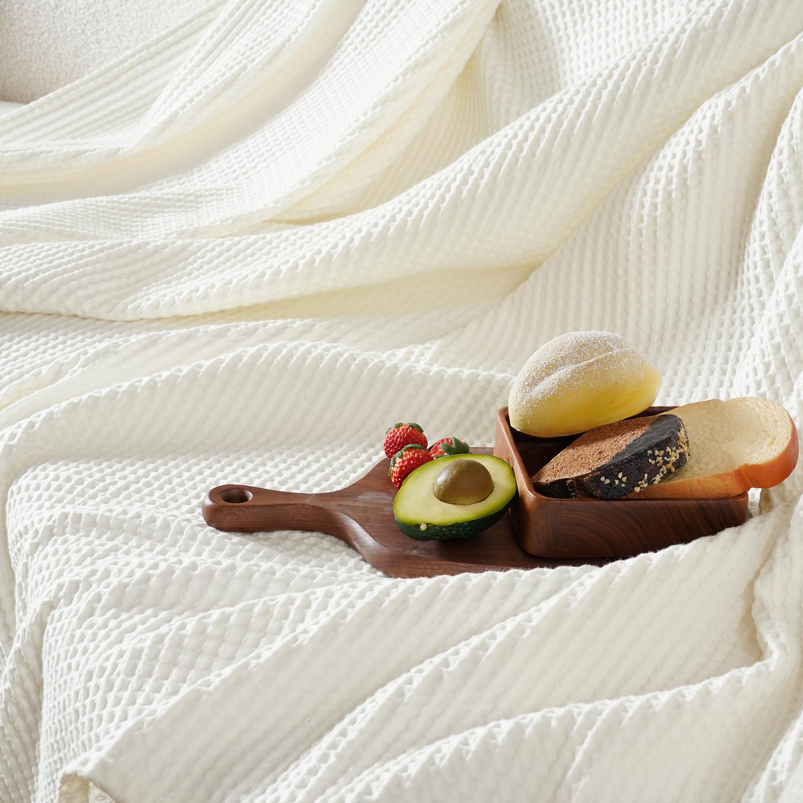 PHF 100% Cotton Waffle Weave Blanket King Size 104" x 90"-Lightweight Washed Soft Breathable Blanket Perfect for Summer -Great Blanket Layer for Couch Bed Sofa-Elegant Home Decoration - Cream