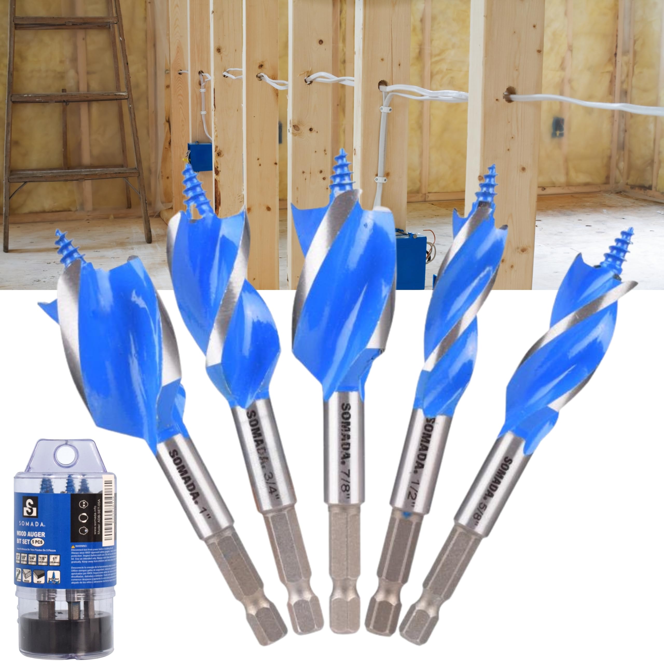 SOMADA Auger Drill Bit Set for Wood, 5-Piece, 1/2", 5/8", 3/4", 7/8" and 1" Inch Size, 4-Inch Long with Storage Case, Impact Wood Auger Set with Quick Change