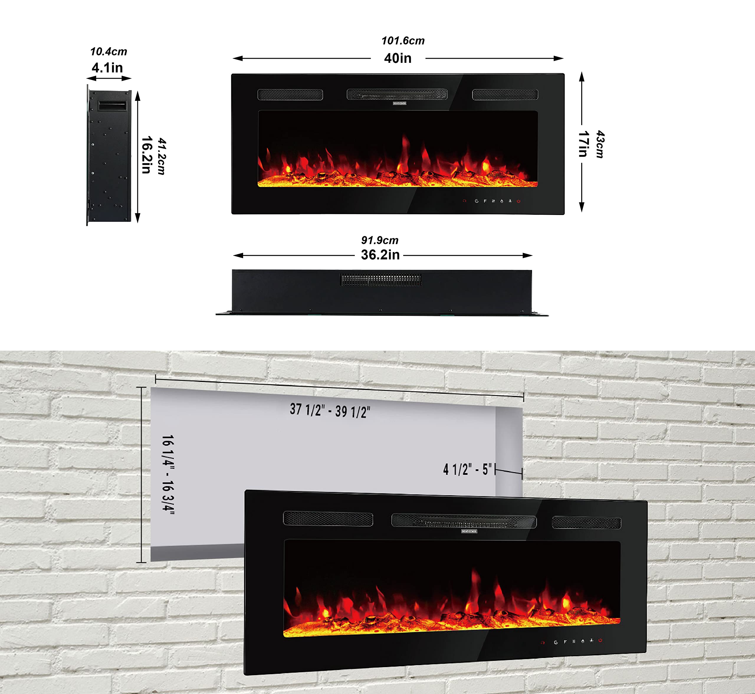 SANHSEHOME Electric Fireplace Inserts 40 Inch Wide Wall Fireplace Electric with Remote Control Electric Fireplace Wall Mounted Recessed with 12 Flame Colors Fake Log & Crystal 1-8h Timer 750W/1500W