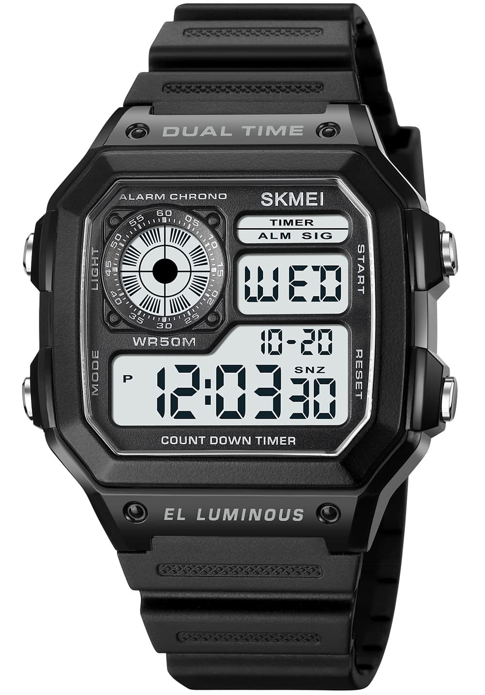 PASOY Mens Womens Sports Watch Rubber Watchband Multi-Function Alarm Stopwatch Countdown Backlight Swim Digital Waterproof Outdoor Black Watch