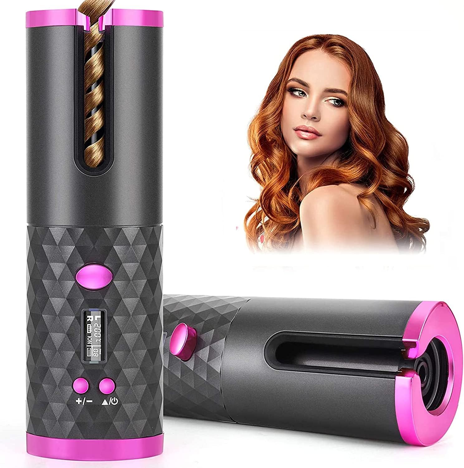 PFUM Cordless Automatic Hair Curler, Ceramic Rotating Wireless Auto Curling Iron Wand, Portable Spin Hair Styling Curler