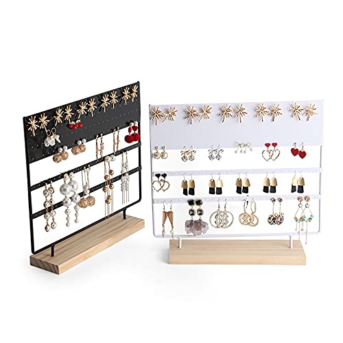 Sooyee Metal Earring Holder and Jewelry Organizer,Jewelry Rack Display Classic Stand with Wood Base Tray,6 Layer 144 Holes for Hanging Earrings Piercings,Ear Stud,Black