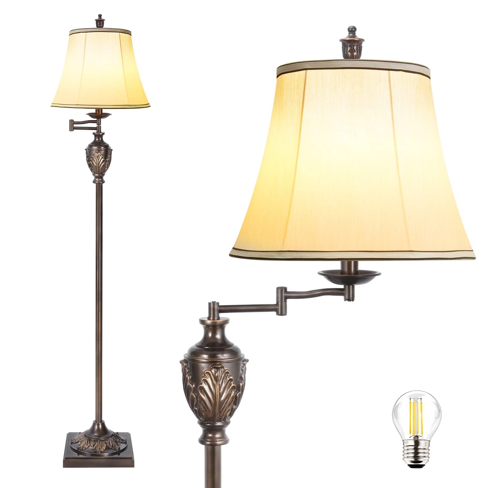 Traditional LED Floor Lamp with 350° Adjustable Swing Arm Lamp – Vintage Standing Pole lamp for Living Room, Bedroom and Office – Rustic Upright Floor Light for Home Décor with Silk Fabric Shade