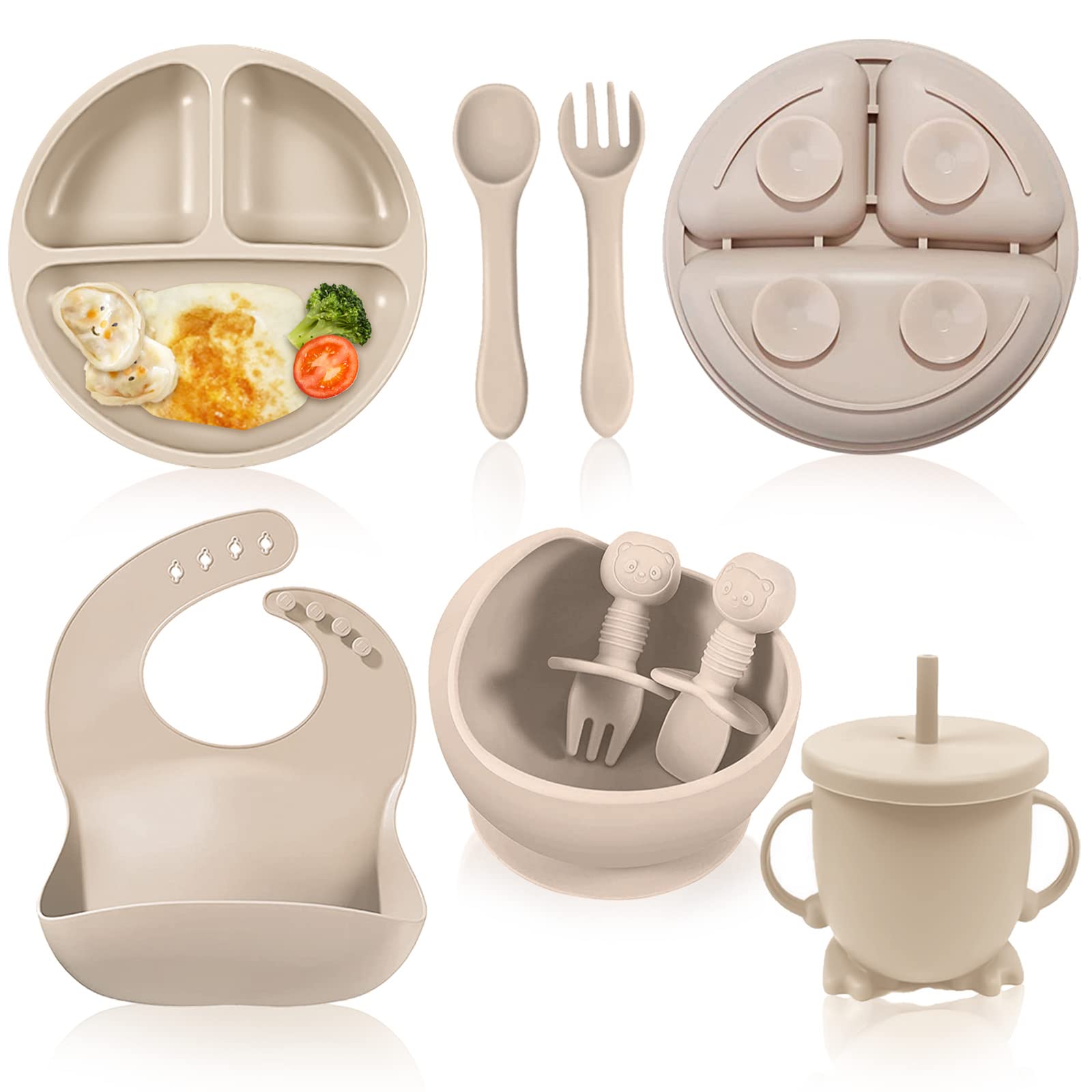 Silicone Baby Feeding Set - 8Pcs Baby Led Weaning Supplies Toddlers Weaning Feeding Sippy Cup with Straw and Lid Baby Feeding Supplies Set