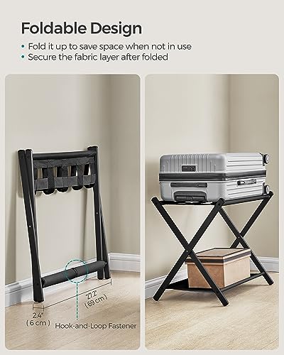 SONGMICS Luggage Racks for Guest Room, Set of 2, Suitcase Stand with Fabric Storage Shelf, Foldable for Space-Saving Storage, Steel Frame, Hotel, Bedroom, Black URLR004B02