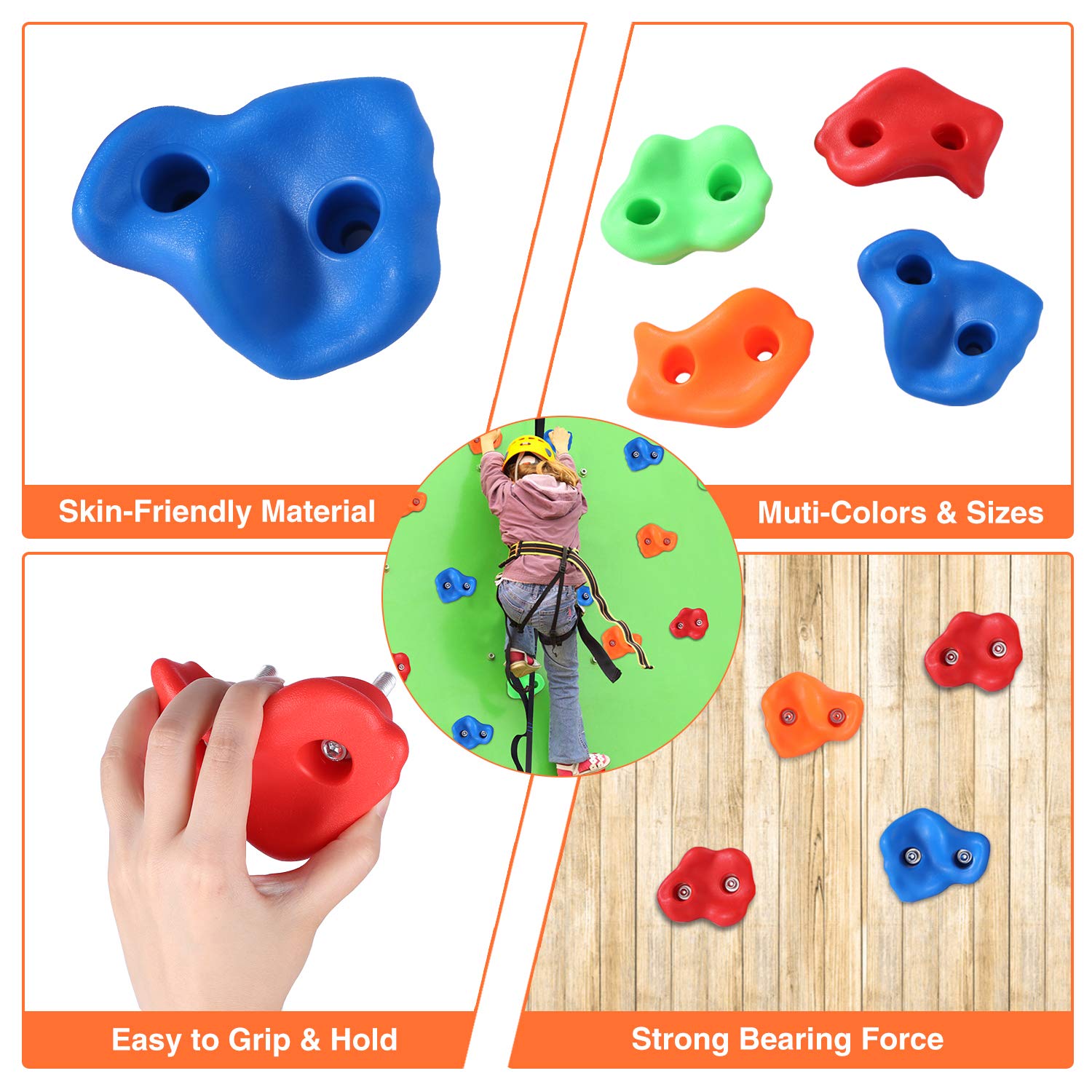 RedSwing 24PCS Rock Climbing Holds for Kids with 6.5 Ft Loop Rope, Large Rock Wall Holds for Outdoor Indoor Climbing Wall Playset, Including Mounting Hardware