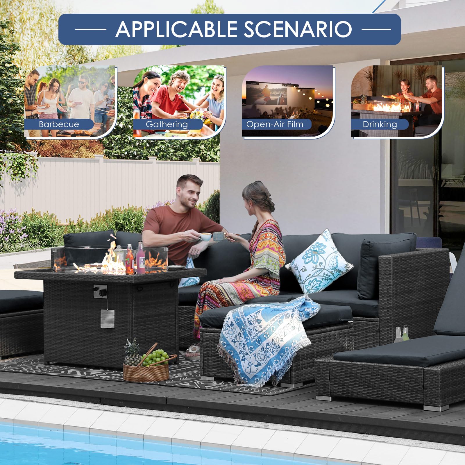NICESOULĀ® 9 Pieces Outdoor Patio Sectional Furniture Sofa Set with Fire Pit Table Natural Gas Propane, 29.3'' High Back Modern Large Size PE Wicker Conversations with Fireplaces for Backyard