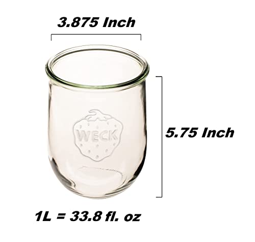 Weck Jars - 1 Liter - Large Sour Dough Starter Jars - Tulip Jar with Wide Mouth - Suitable for Canning and Storage - 2 Sourdough Jars with (Jars, Glass Lids & Keep Fresh Covers)