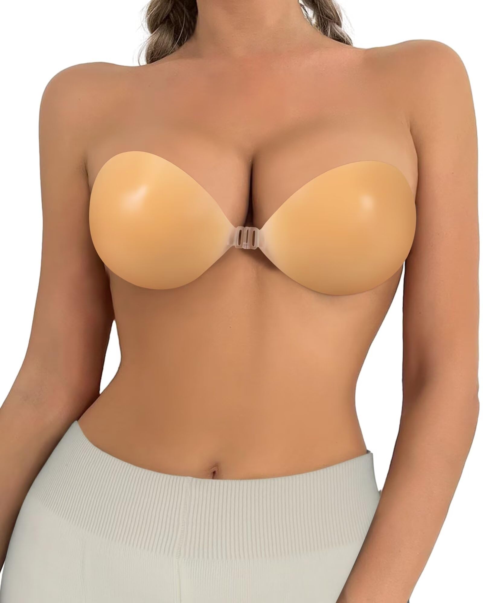 PHODIL Sticky Strapless Bra, Invisible Push Up Adhesive Bra,Backless Silicone Bras Washable for Women with Nipple Covers(Creme/D)