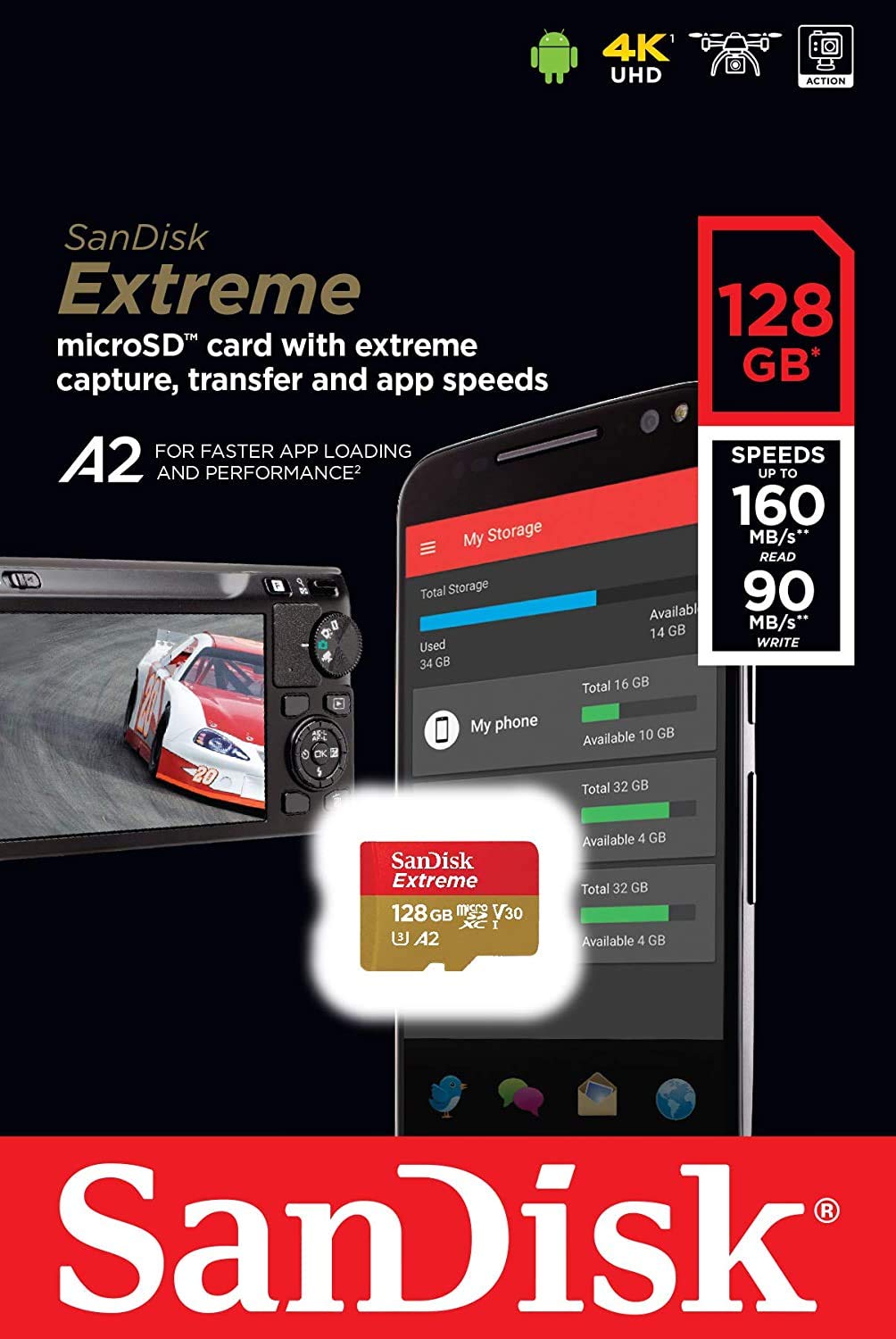SanDisk Extreme (UHS-1 U3 / V30) A2 128GB MicroSD (2 Pack) Memory Card for GoPro Hero 9 Black Action Cam Hero9 SDXC (SDSQXA1-128G-GN6MN) Bundle with (1) Everything But Stromboli Micro SD Card Reader