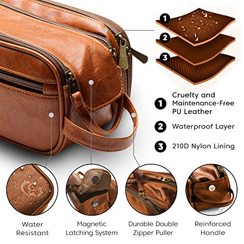 QS Toiletry Bag for Men or Women - Dopp Kit For Travel. Large Cosmetic and Bathroom Shaving Bag. Toiletry Organizer PU Leather USA (Medium, Brown)