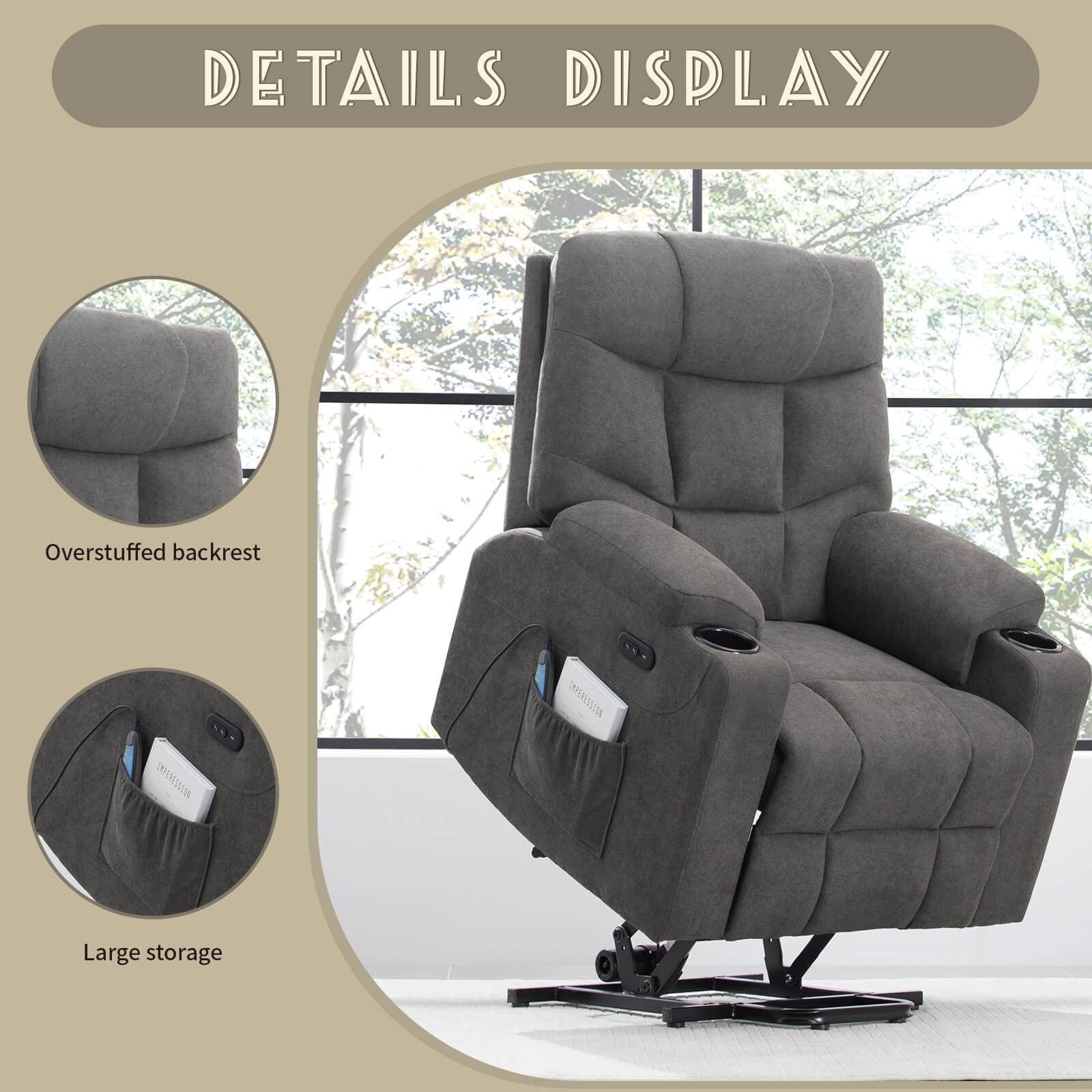 Patiowel Power Lift Recliner Chair Sofa for Elderly Heated Vibration Massage,Electric Fabric Recliner with Cup Holders, Side Pocket, Remote Control, USB Charge Port (Gray)