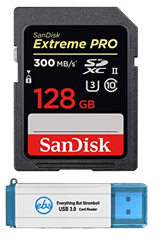 SanDisk Extreme Pro 128GB UHS-II SD Card Works with Canon EOS R6, EOS R5 Mirrorless Camera 300MB/s 4K Class 10 (SDSDXPK-128G-GN4IN) Bundle with 1 Everything But Stromboli 3.0 SDXC Memory Card Reader