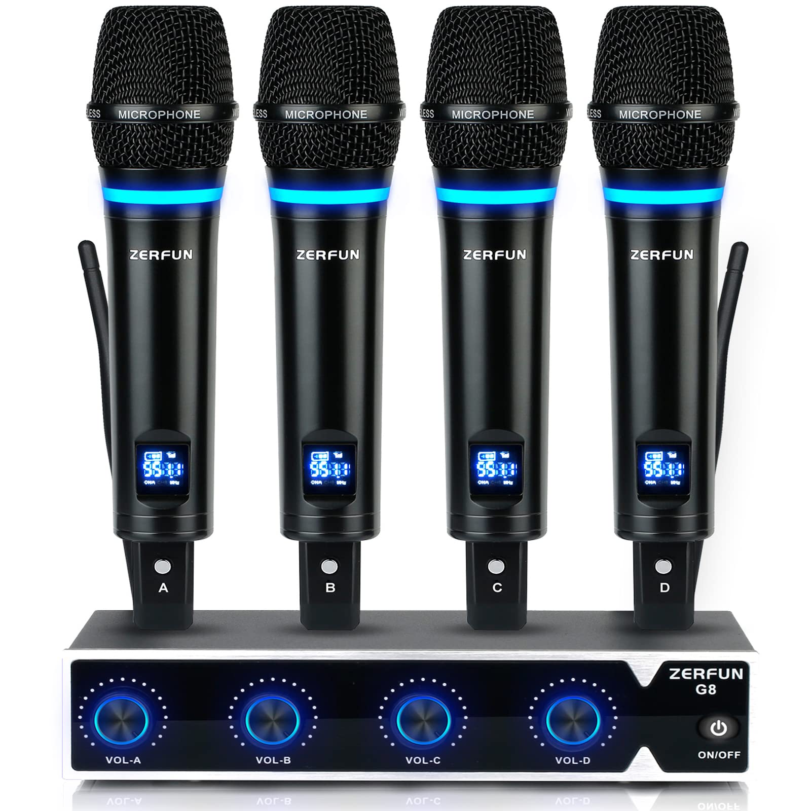 ZERFUN 4 Channel Rechargeable Wireless Microphone System, Pro UHF Metal Handheld Wireless Microphones Cordless Mics for Karaoke Singing Church with VOL Control, 4x50 Adjustable Frequency(G8)