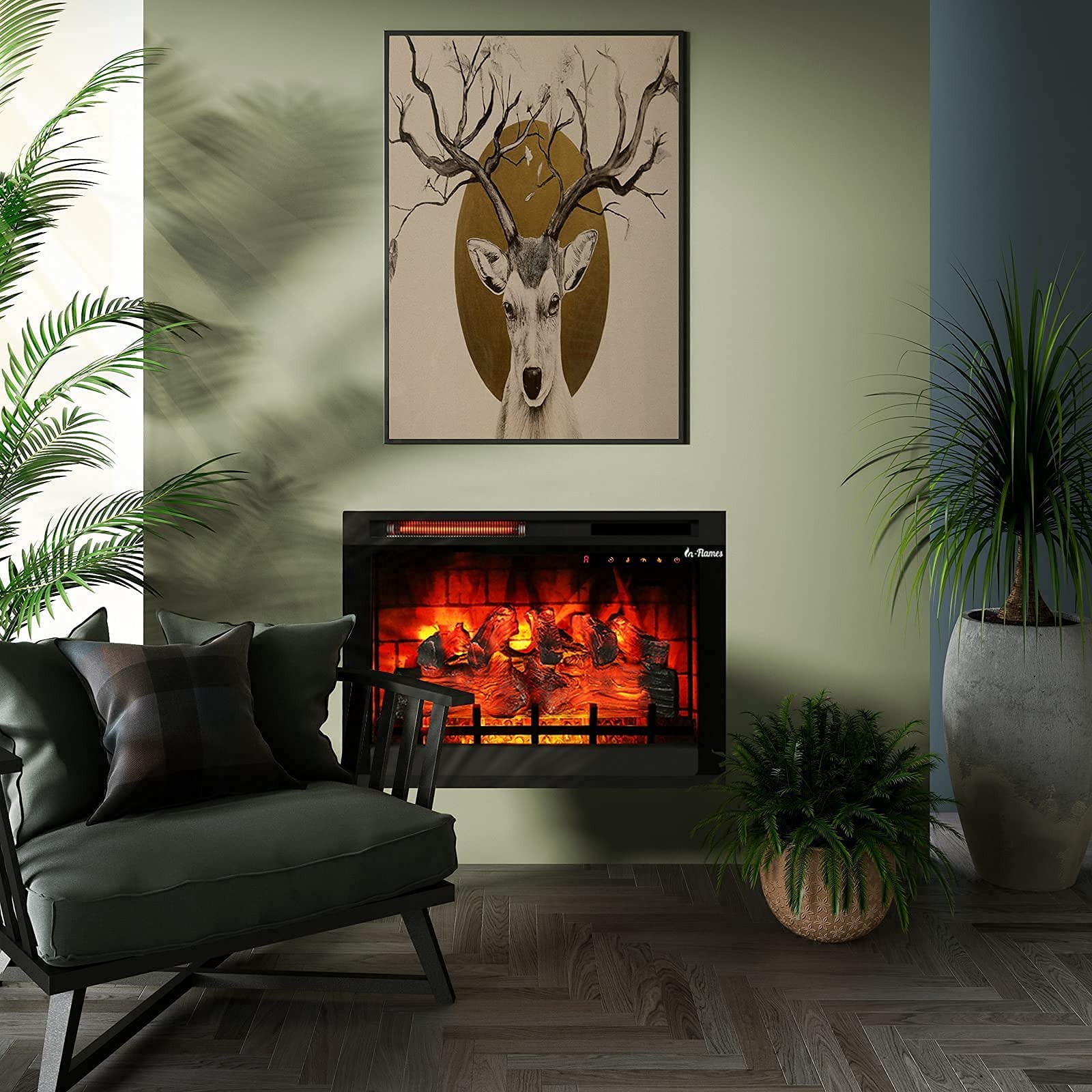 TURBRO in-Flames 28 Inch in-Wall Recessed Electric Fireplace Insert - Realistic Wood Log, 3D Adjustable Flame Effects, Infrared Quartz, Thermostat, and Timer - INF28-3D